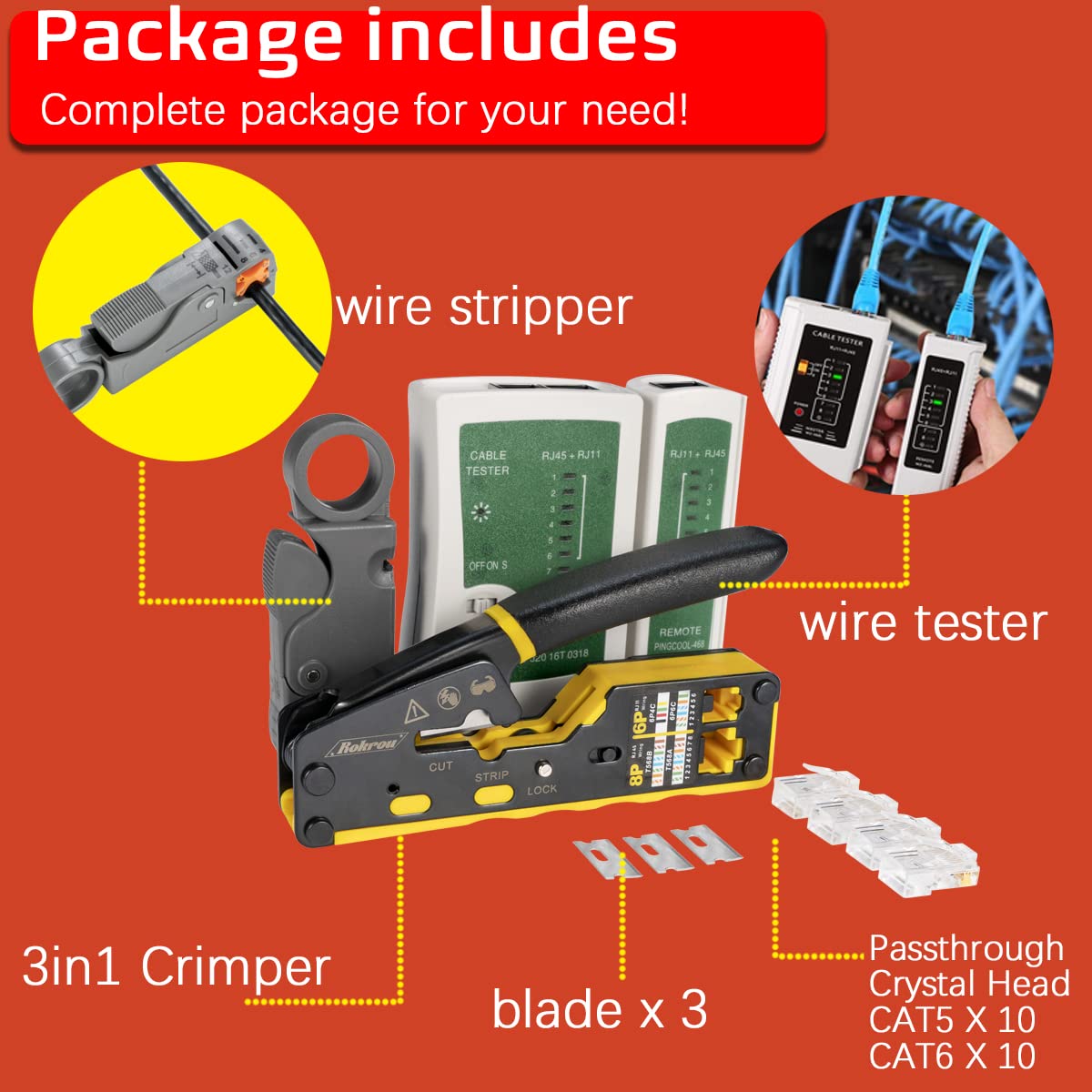 Mua Rokrou RJ45 Crimp Tool Pass Through Ethernet Crimper CAT6 Cat5e ...