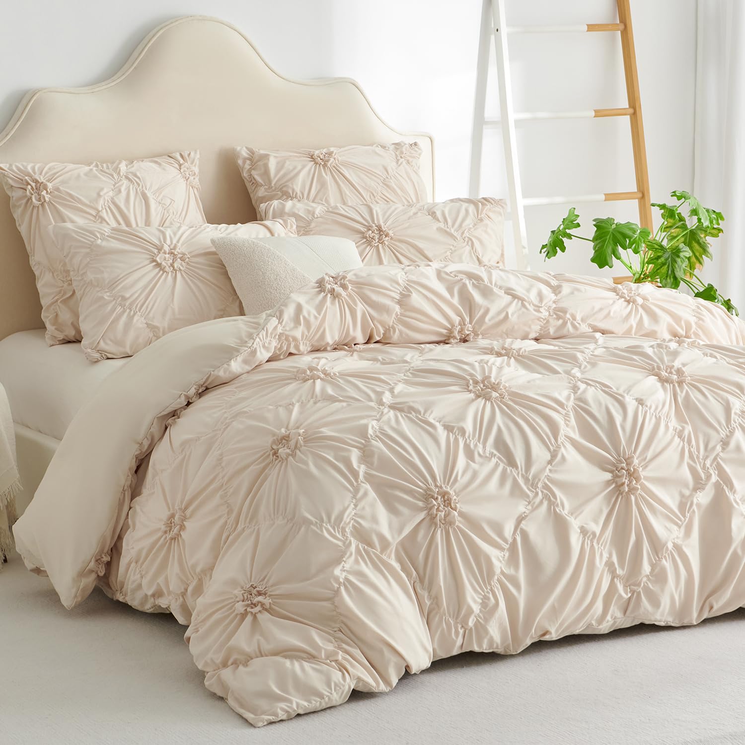 Nayoroom Beige Pintuck Duvet Cover King Size Boho Floral Pinch Pleated ...