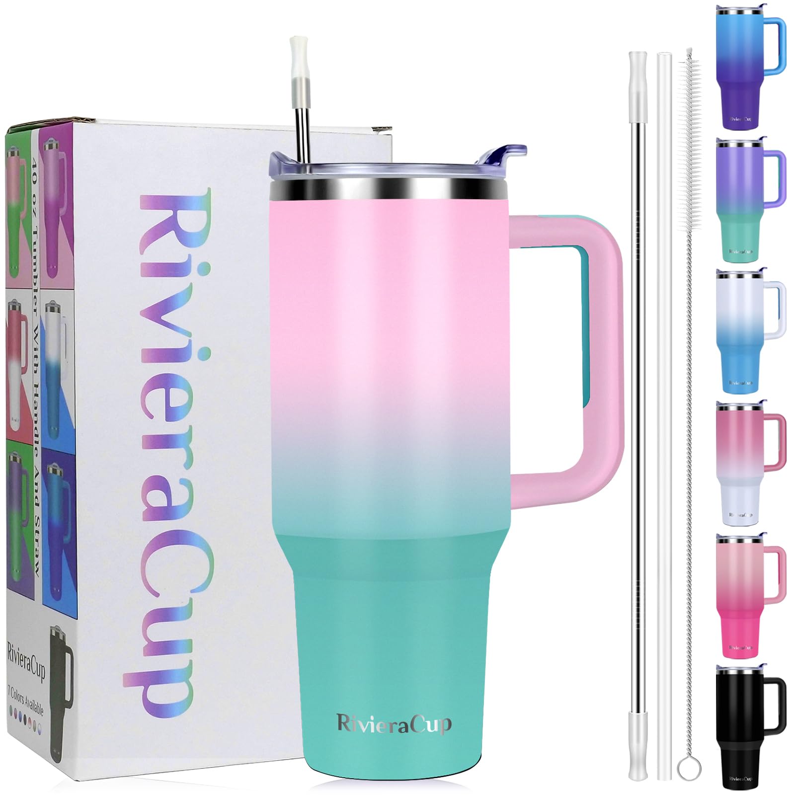 RivieraCup 40 oz Tumbler with Handle and Straw Lid,Insulated Cup ...