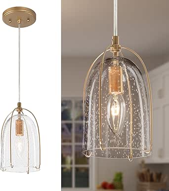 Optimant Lighting Antique Gold Pendant Light, Modern Seeded Glass ...