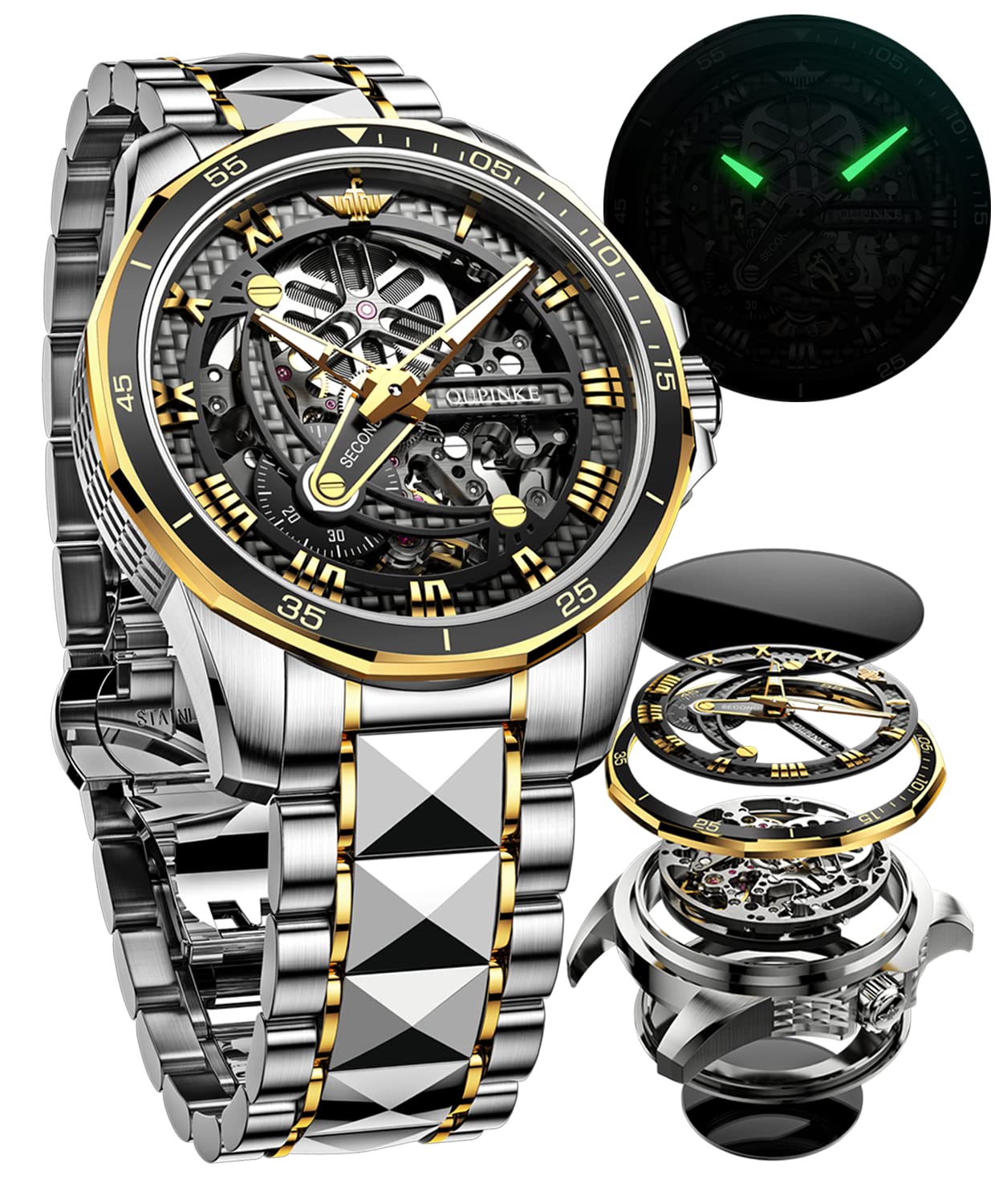 OUPINKE Watch for Men Automatic Wristwatch Silver Skeleton Luminous 3D ...