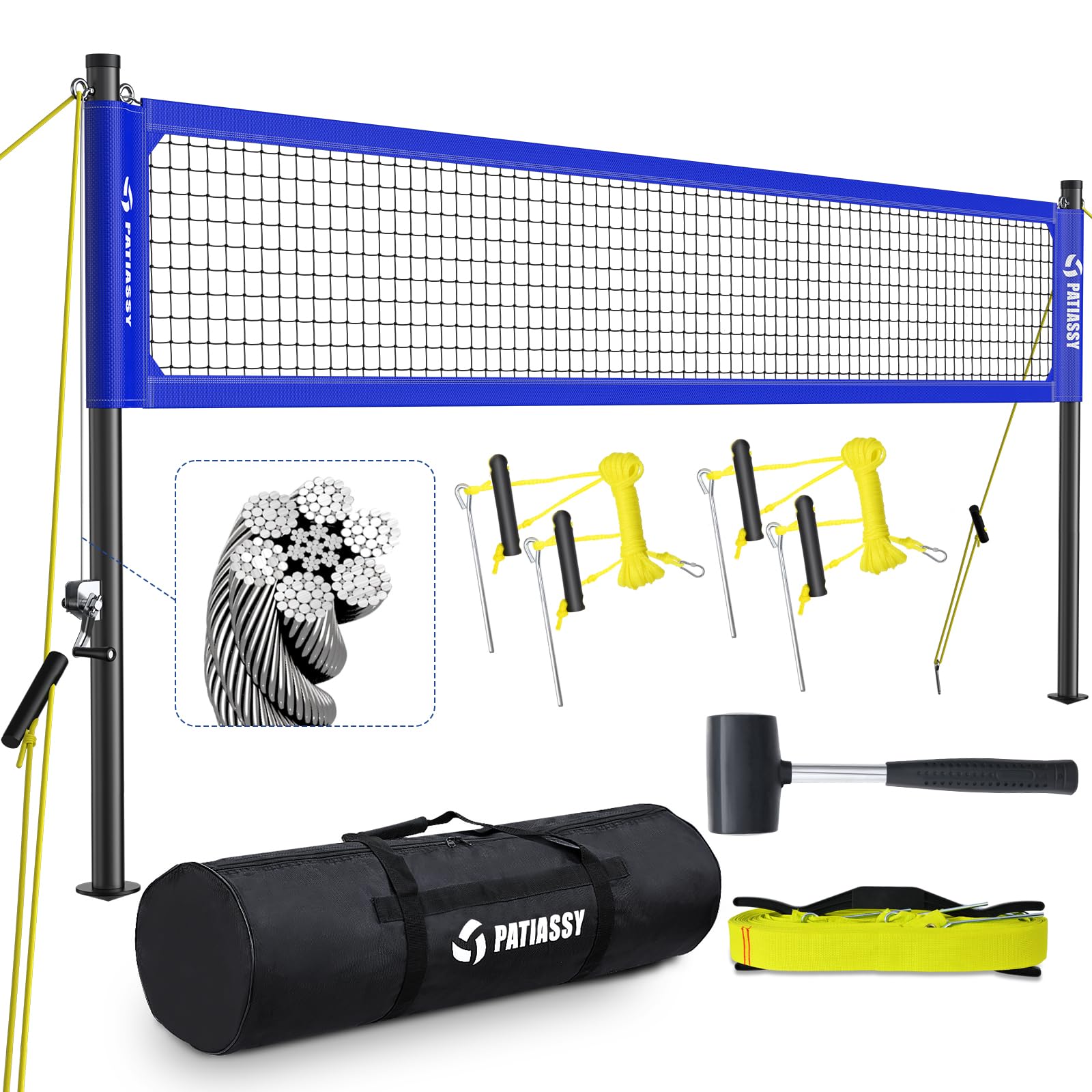 Patiassy Portable Volleyball Net Set with Steel Wire Rope and 2 Inch ...