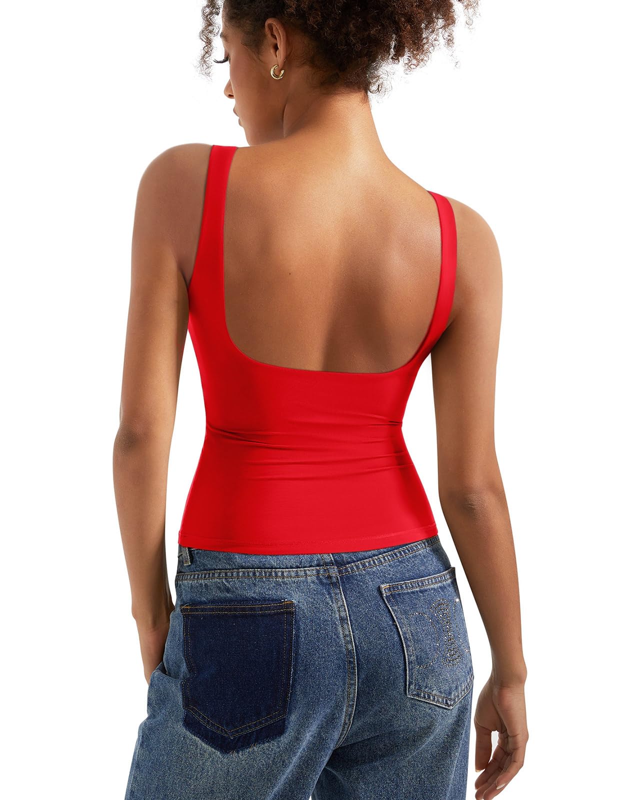 SUUKSESS Women Built in Bra Open Back Boat Neck Tank Tops Double Lined ...