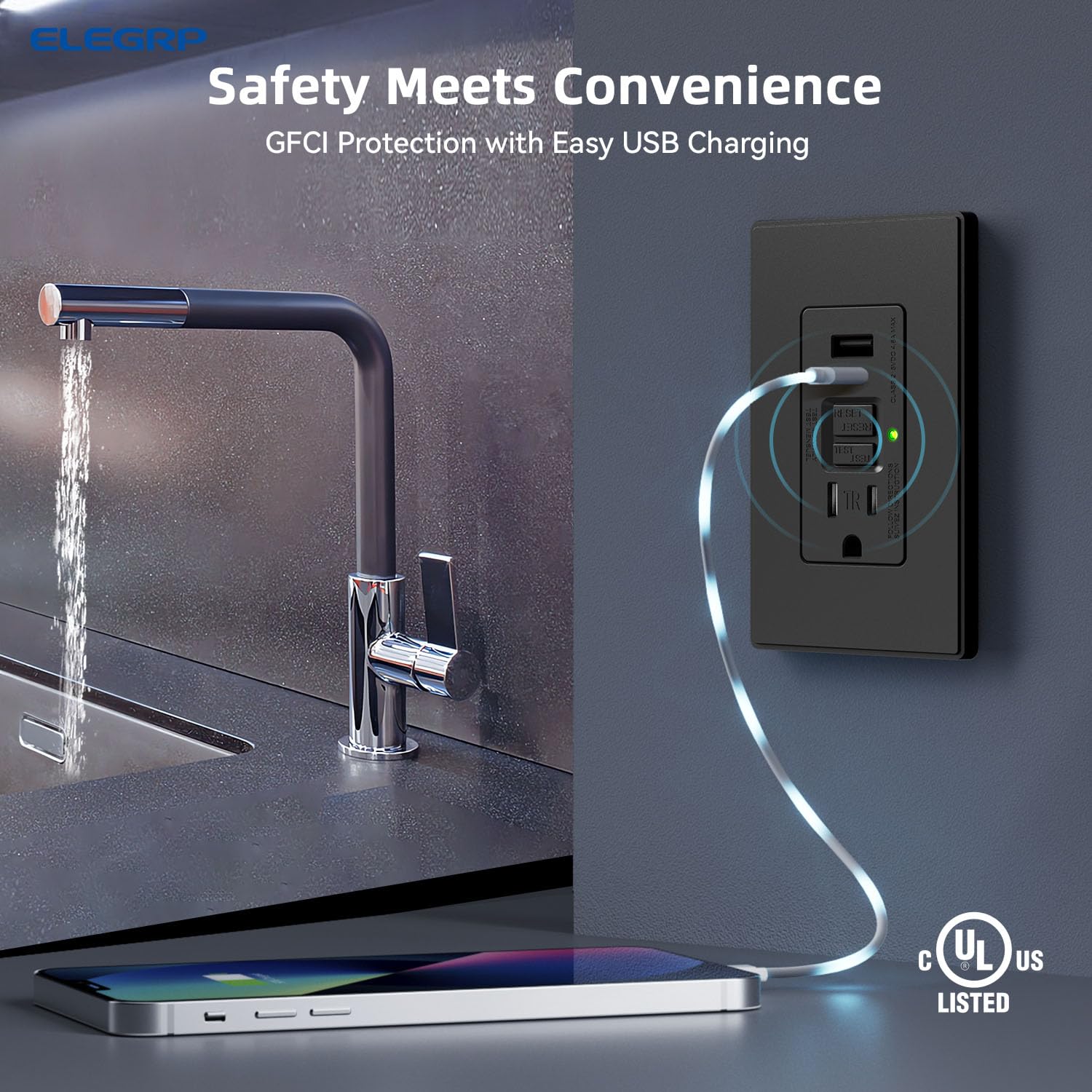 15 Amp Combination Outlet ELEGRP GFCI Outlet With USB Ports ...