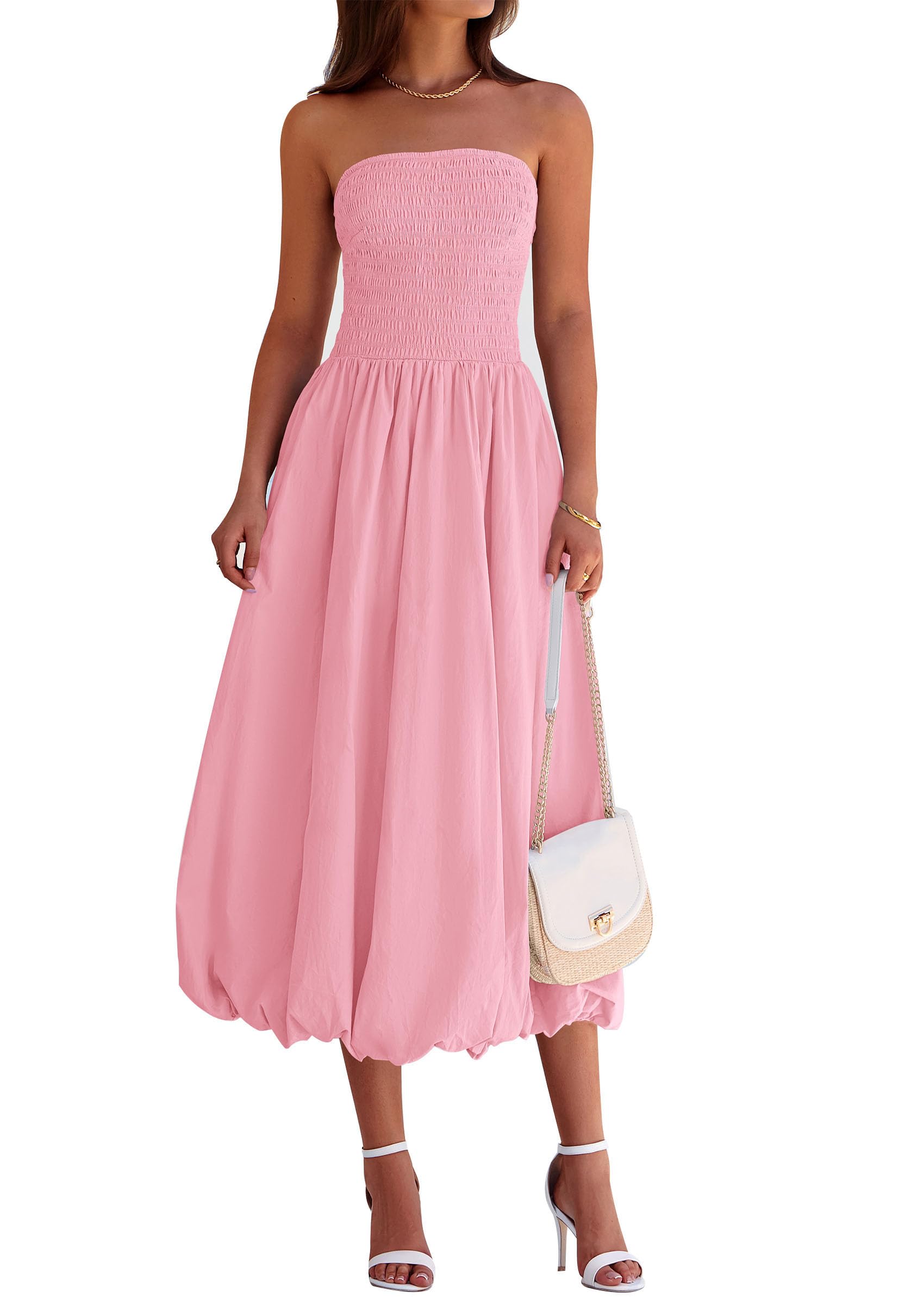 PRETTYGARDEN Women's 2025 Summer Strapless Tube Midi Dress Smocked A ...