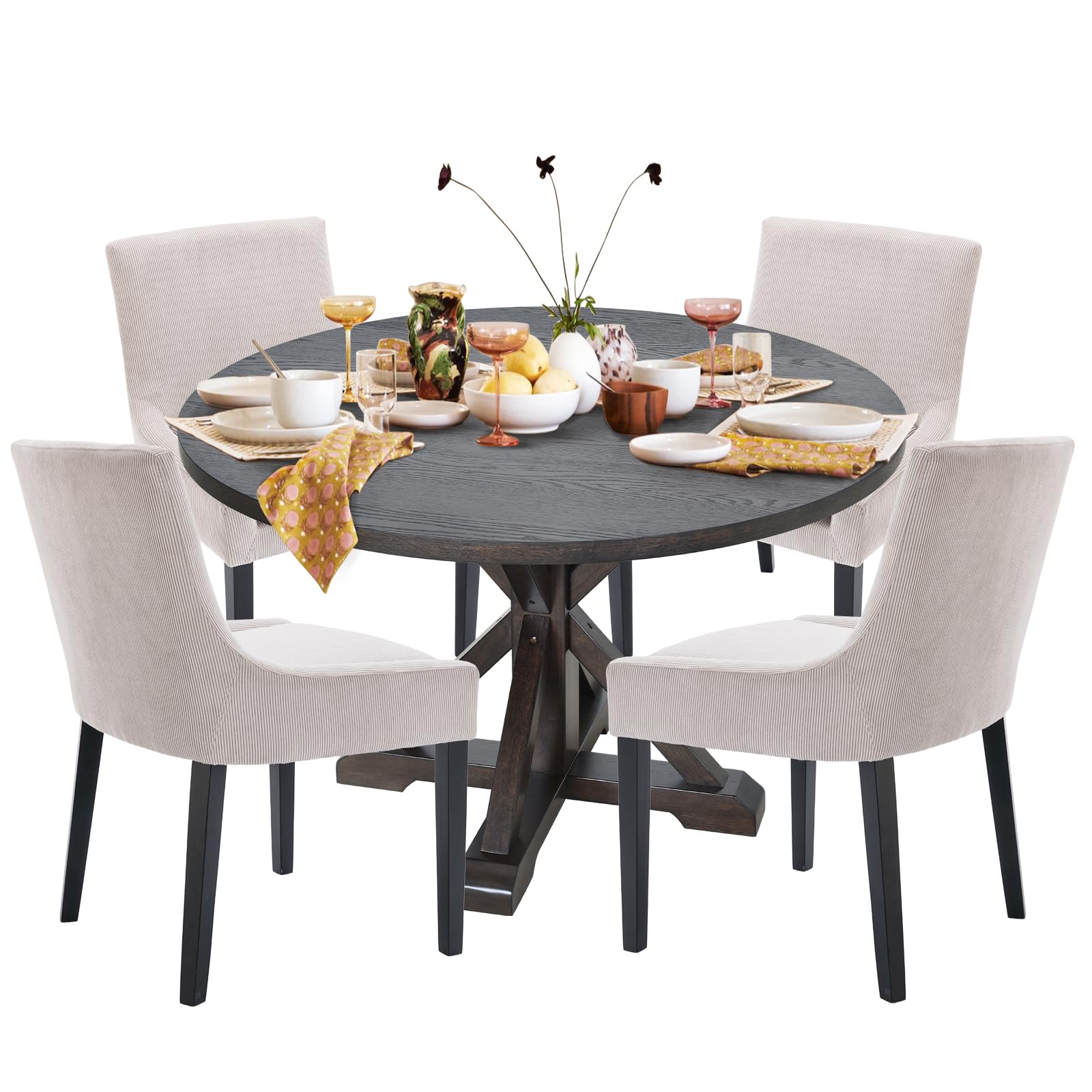 COLAMY 5-Piece Dining Table Set for 4, 48" Kitchen Round Wood Table ...