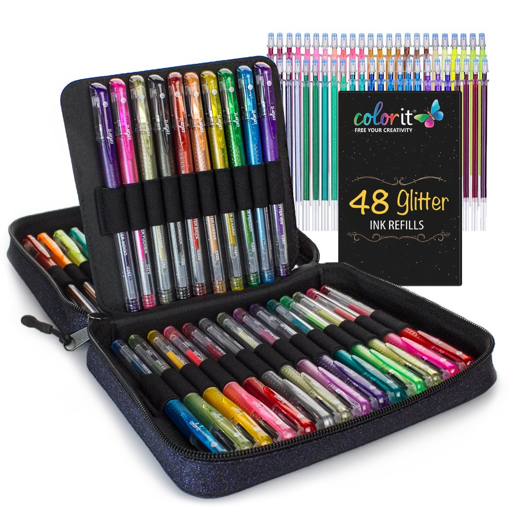 ColorIt 48 Glitter Gel Pens For Adult Coloring Books ALL NEW Glitter 