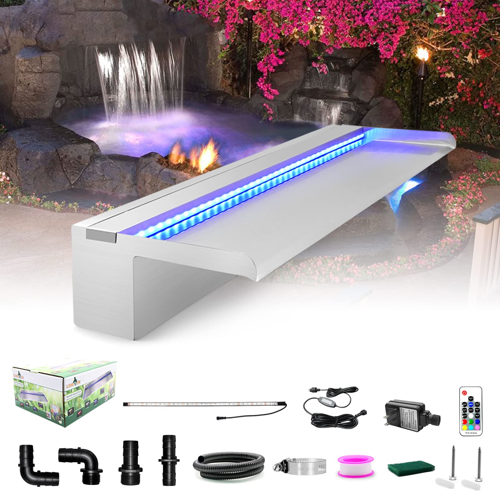 LONGRUN Pool Fountain Stainless Steel Outdoor Pond Spillway Waterfall ...