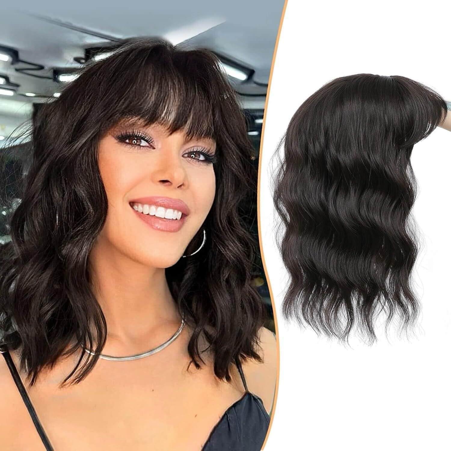 MARJORIE Hair Topper,360°3D Hair topper with Bangs 14inch Wavy Dark ...