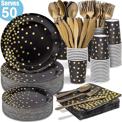 Amazon.com: Black and Gold Party Supplies - 350 PCS Disposable ...