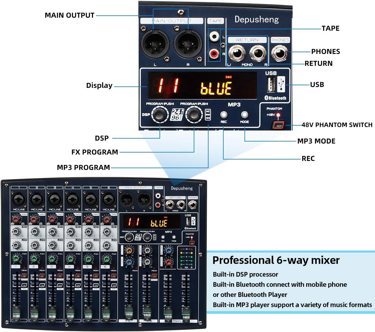 Depusheng BX6 Compact 6 Channels Mixer Mixing Console with 16 DSP Effects Built-in 48V Phantom ...