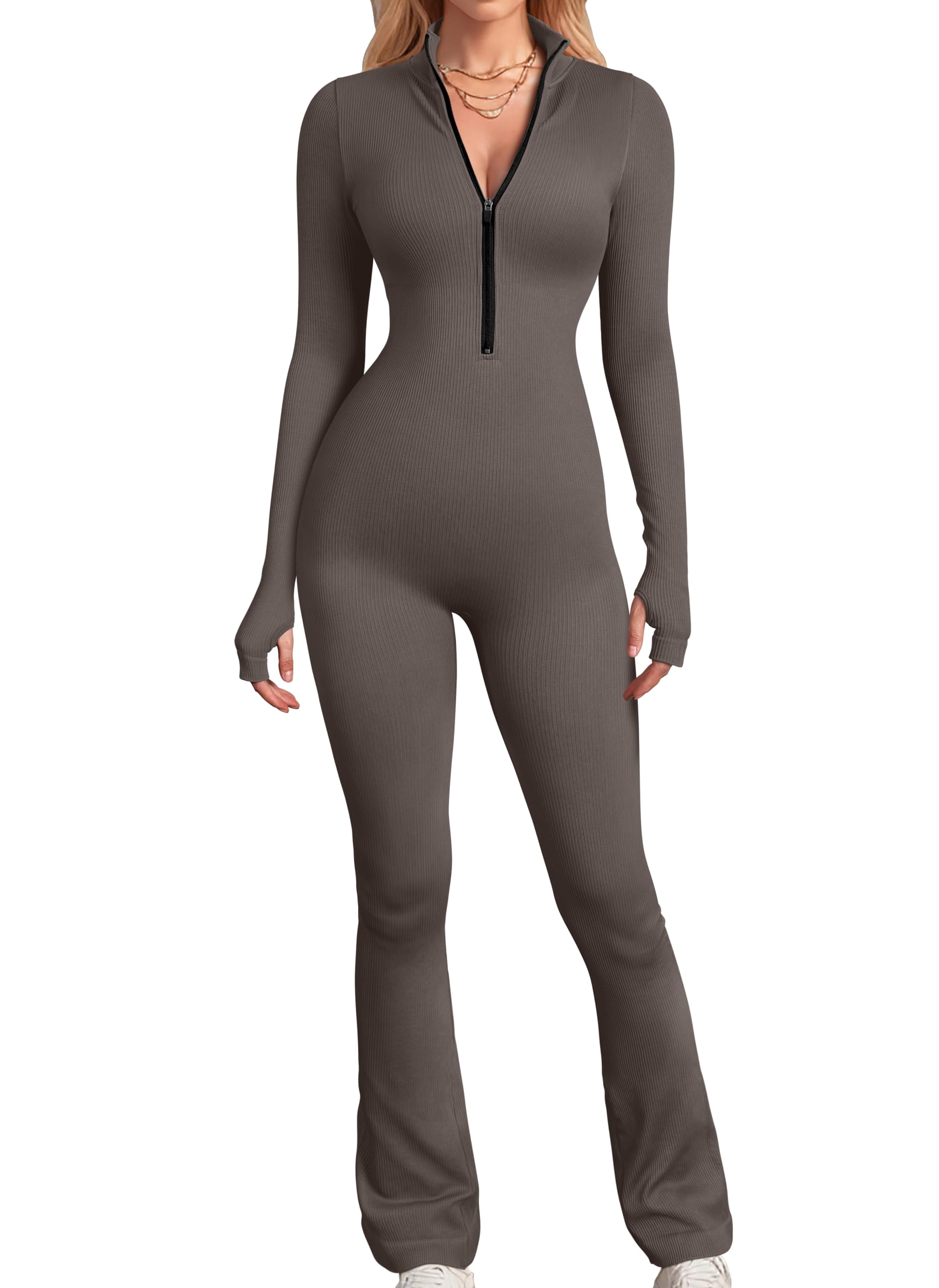 OQQ Women's Yoga Jumpsuits Ribbed Long Sleeve Zip Front Sport Bell ...