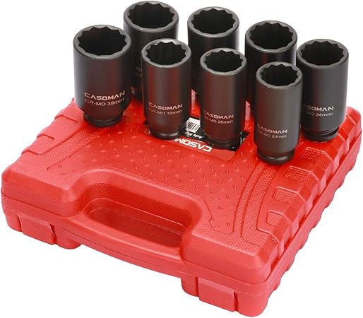 CASOMAN 1/2-Inch Drive Deep Spindle Axle Nut Impact Socket Set,12 Point, Metric, CR-MO, 29,30 32 ...