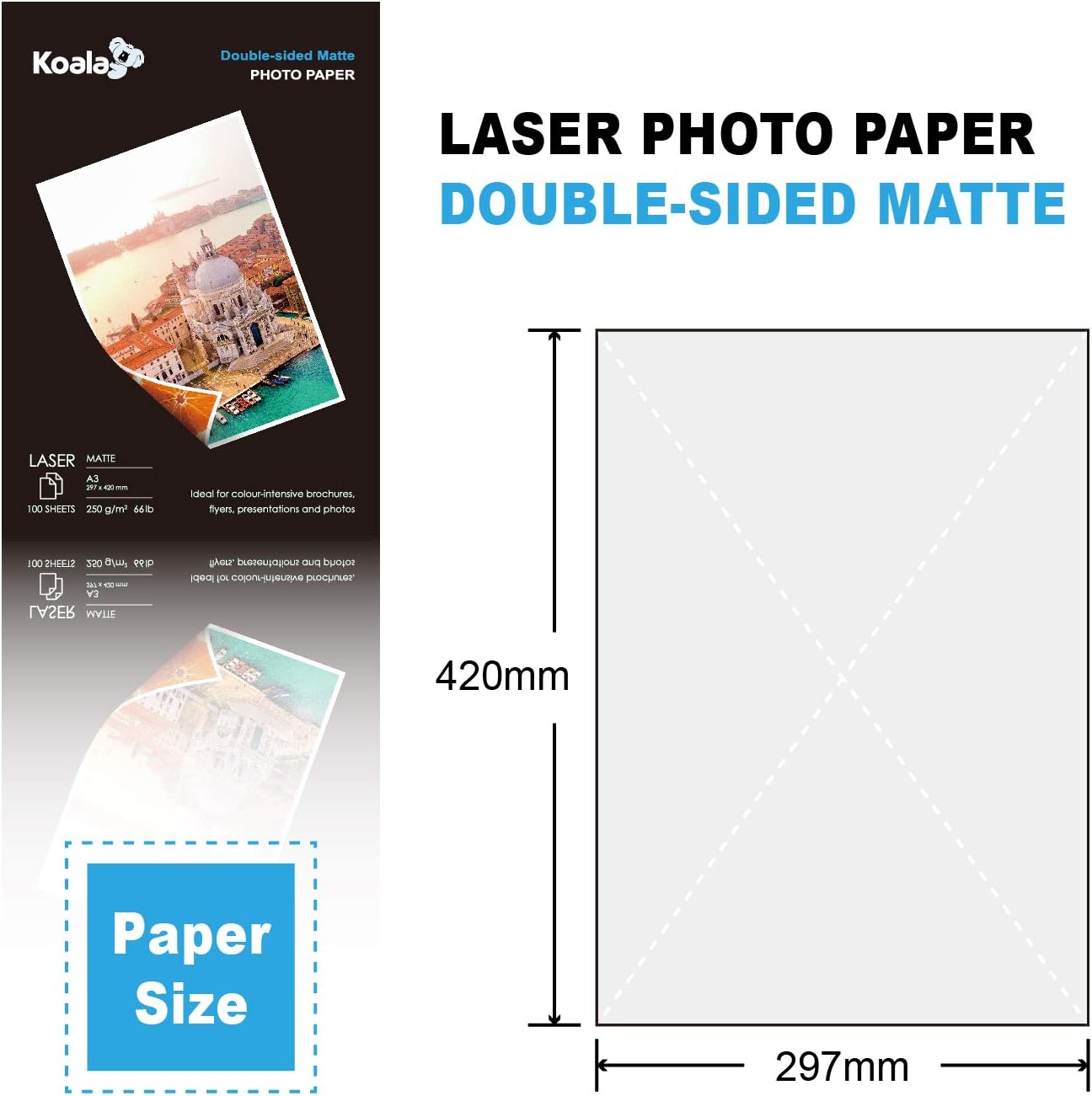 KOALA Double Sided Matte Laser Photo Paper A3, 250gsm, 100 Sheets ...