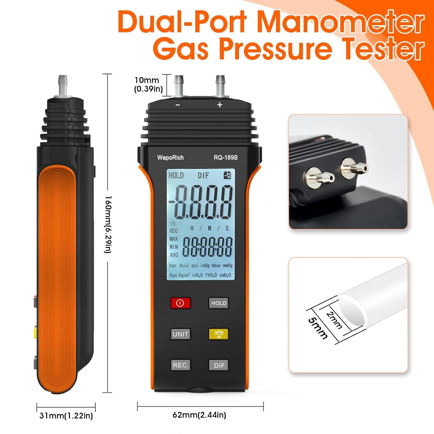 Mua Manometer Gas Pressure Meter,11 Selectable Units Differential Pressure Gauge Dual-Port ...