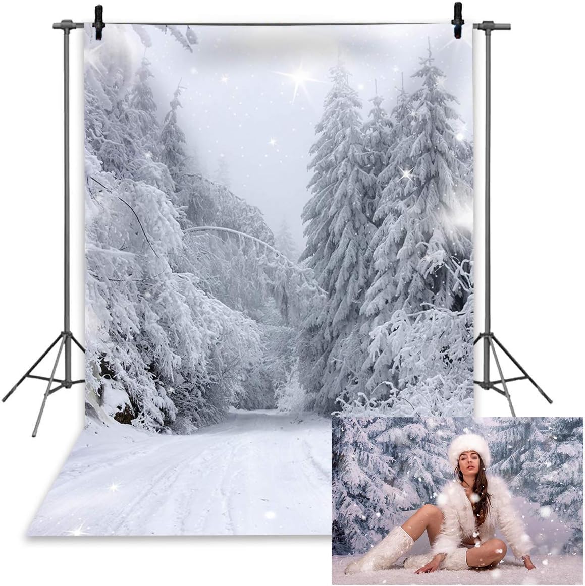 BINQOO 5x7ft Winter White Snow Wonderland Backdrop Christmas Pine Tree ...