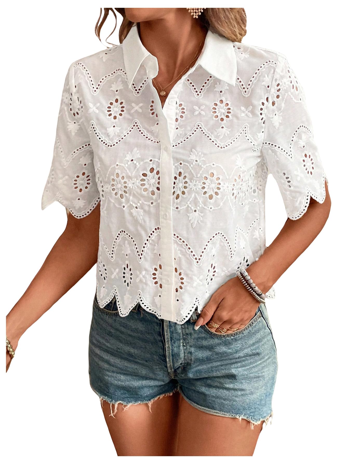 SweatyRocks Women's Short Sleeve Button Down Collared Blouses ...