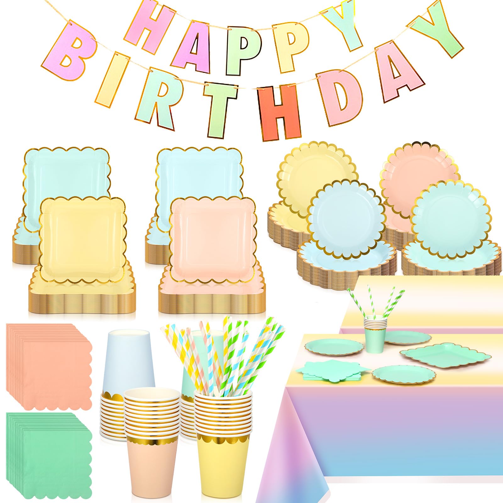 Bokon 139 Pcs Pastel Rainbow Birthday Party Supplies Include Pastel ...