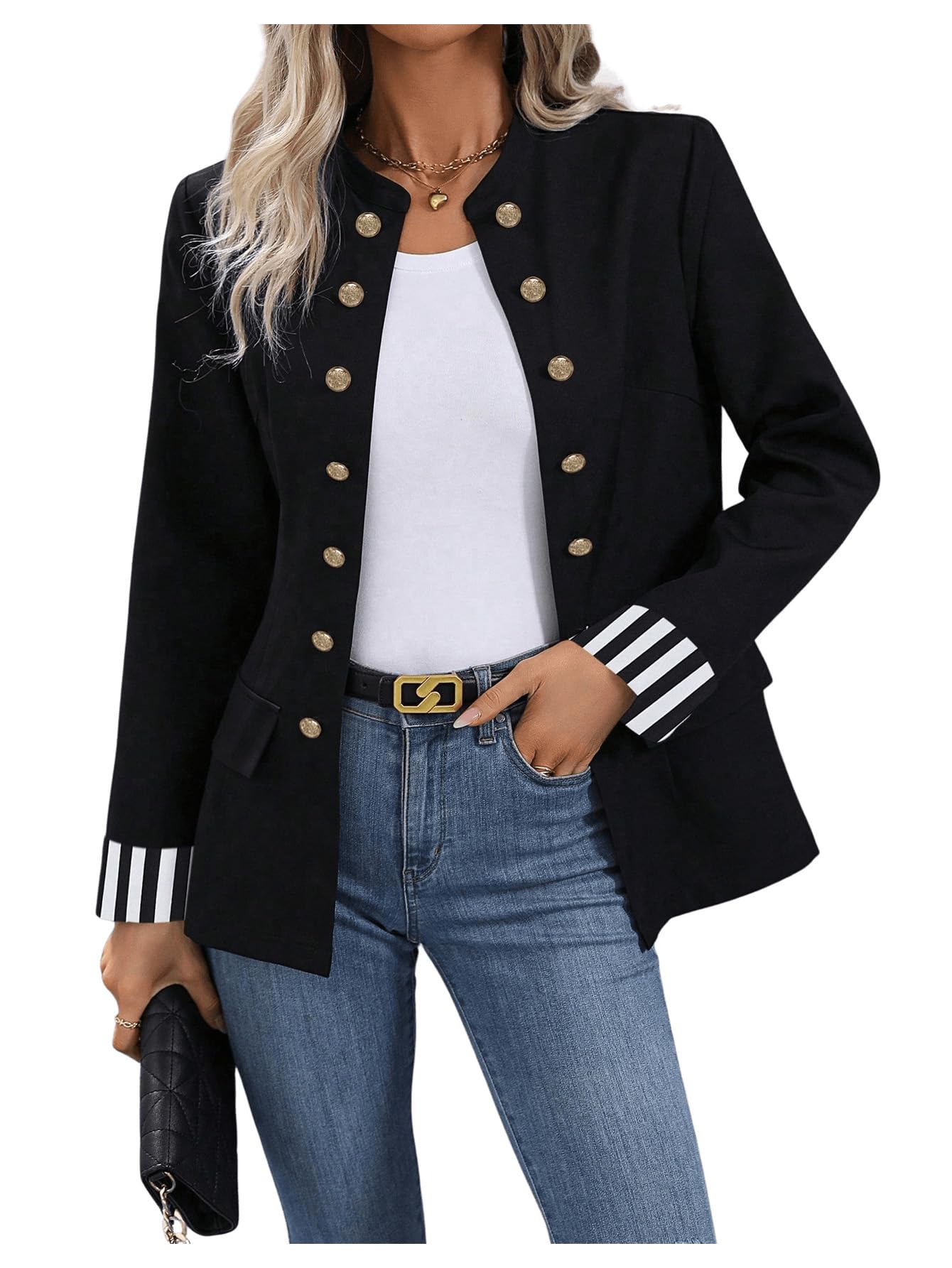 MakeMeChic Women's Striped Cuff 3/4 Sleeve Blazer Open Front Business ...