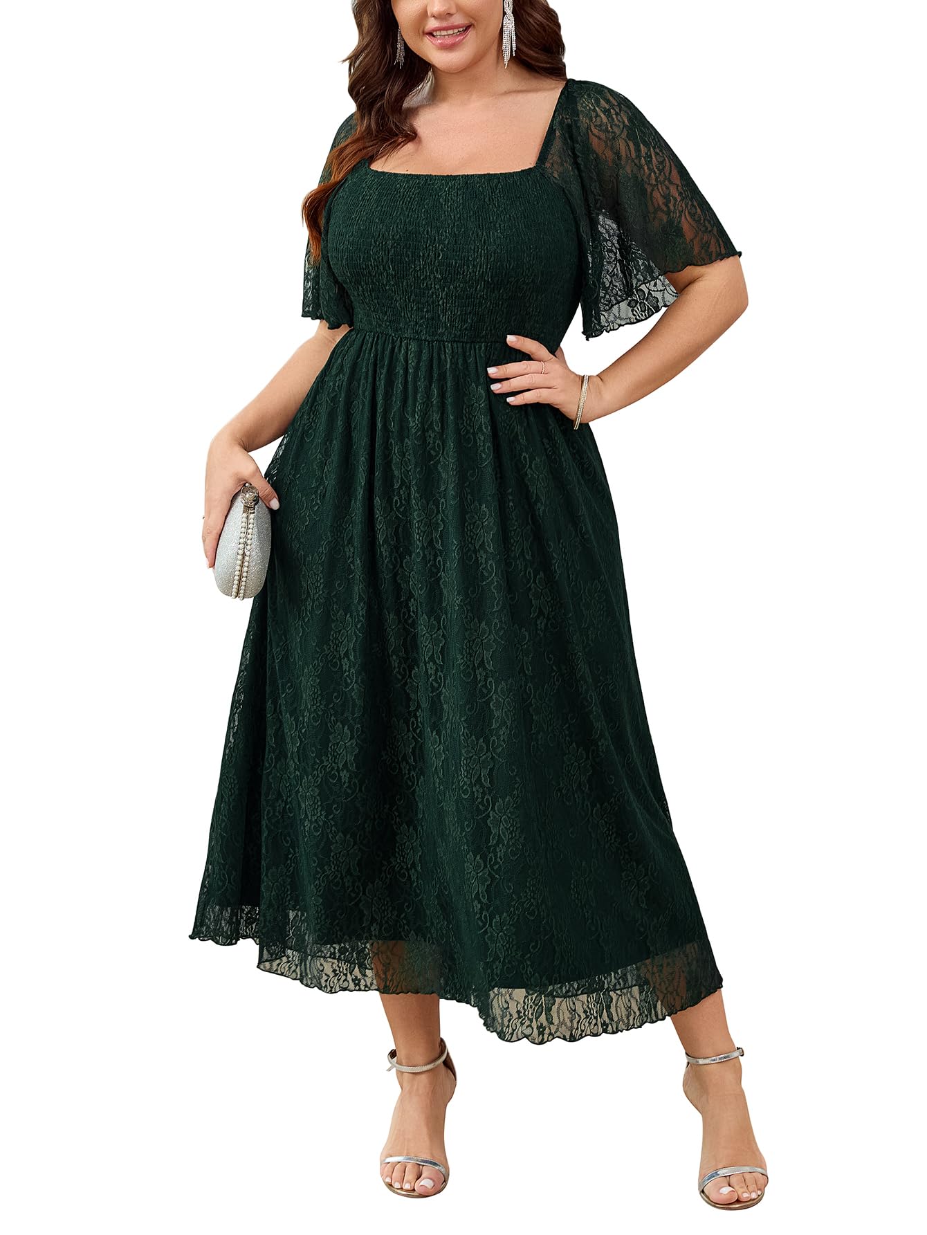 SCOMCHIC Women's Plus Size Wedding Guest Dress Formal Lace Square Neck Short Sleeve Smocked ...