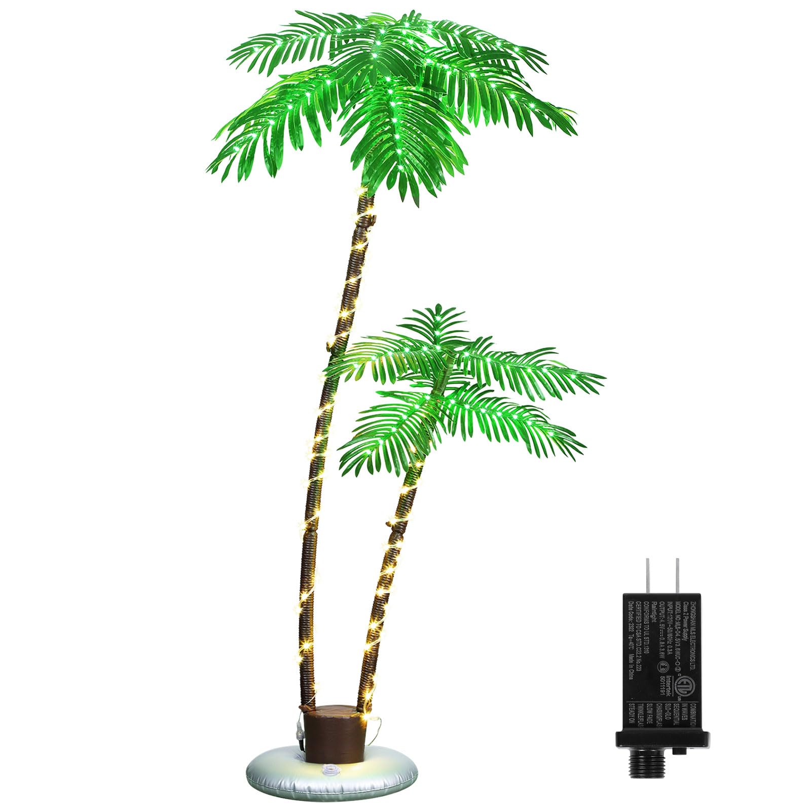 Lighted Palm Trees for Outside Patio,6Ft 2 Trunks Fake Palm Tree with 8 ...