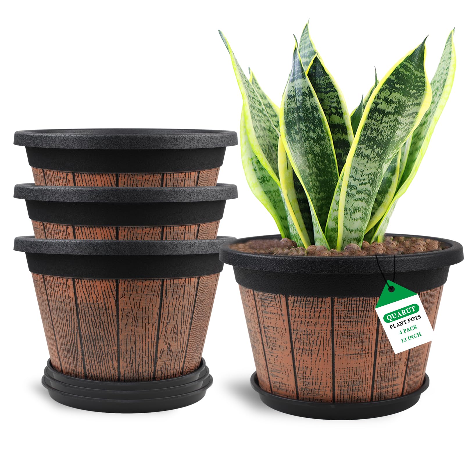 Quarut Large 4 Pack 14 inch Plant Pots,Whiskey Barrel Planters with ...