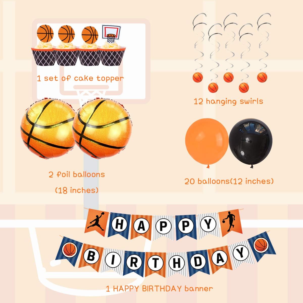 Basketball Party Decorations Includes Hanging Swirl, Happy Birthday ...