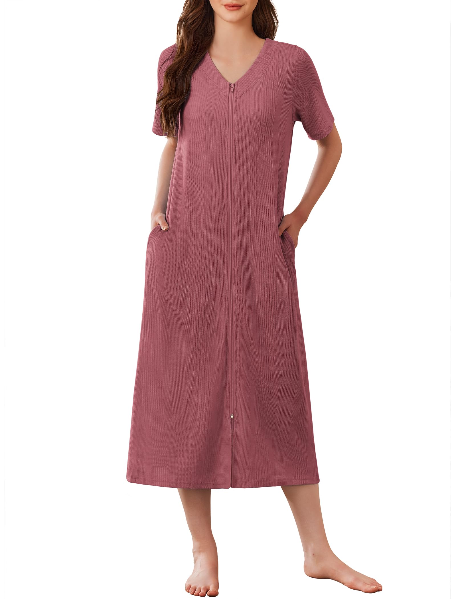 Ekouaer Zip Up Robe for Women Long Housecoat Waffle Knit Bathrobes Cozy ...