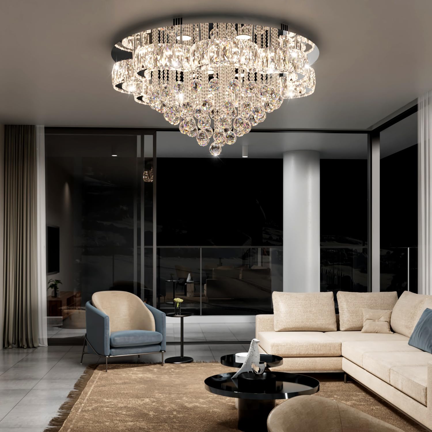 Flashing God W32inches Modern Crystal Chandeliers for Living Room LED ...