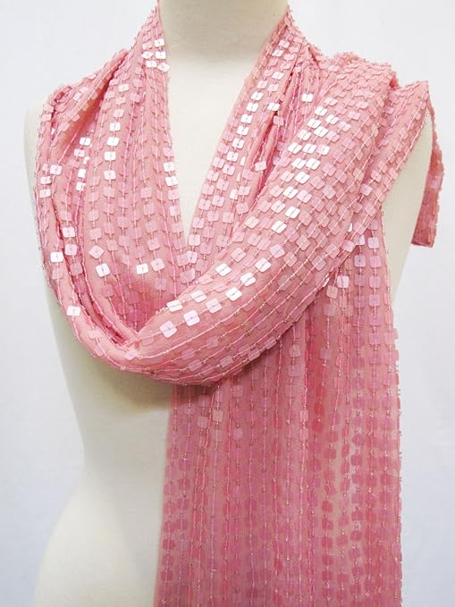 Sequin Beaded Silk Chiffon Scarf Stole Shawl Wrap Scarf Pink Small at ...