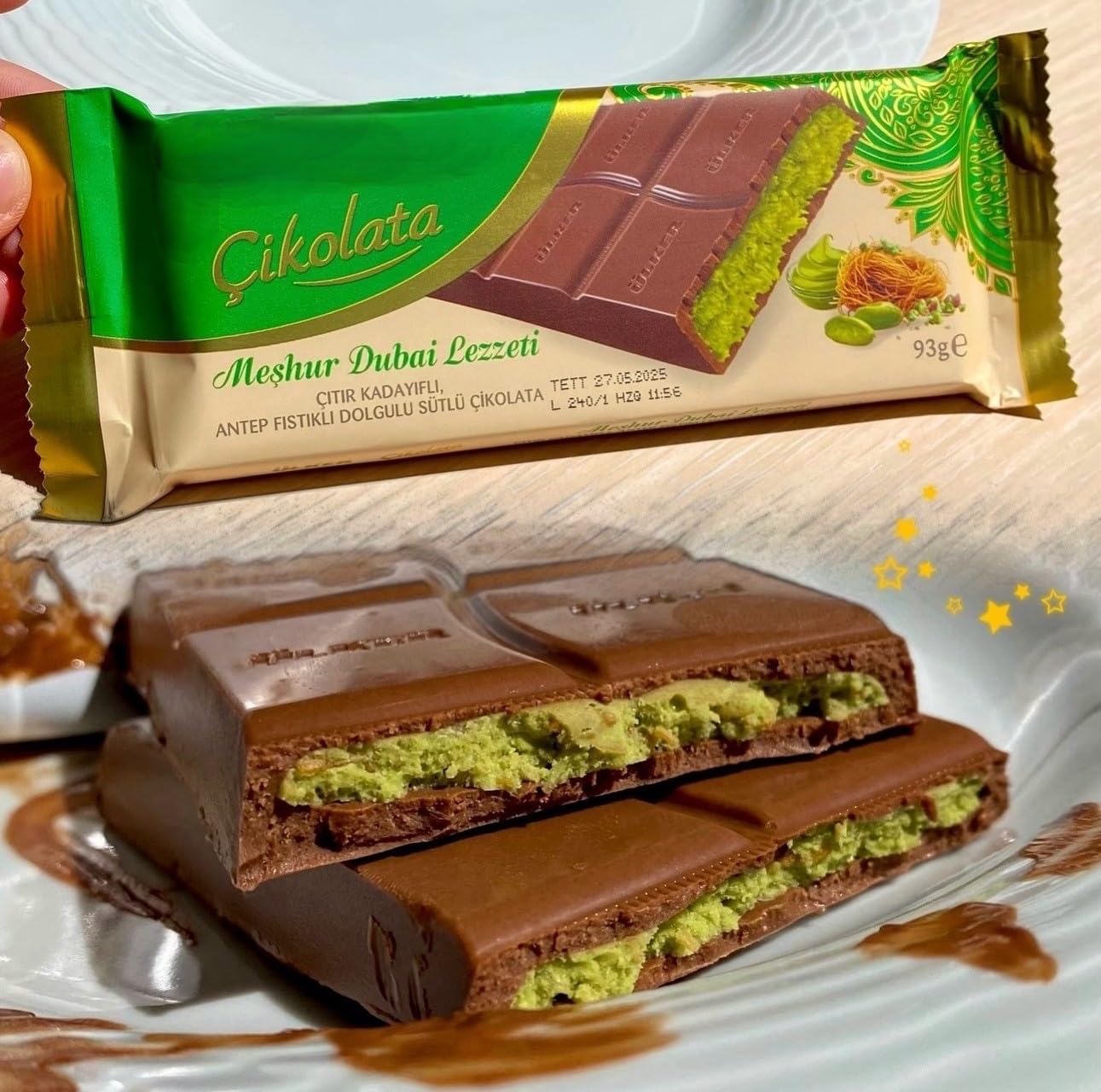 Dubai Chocolate Bar Pistachio Kataifi – Viral Dubai Chocolate with Knafeh and Pistachio Cream, 1 ...