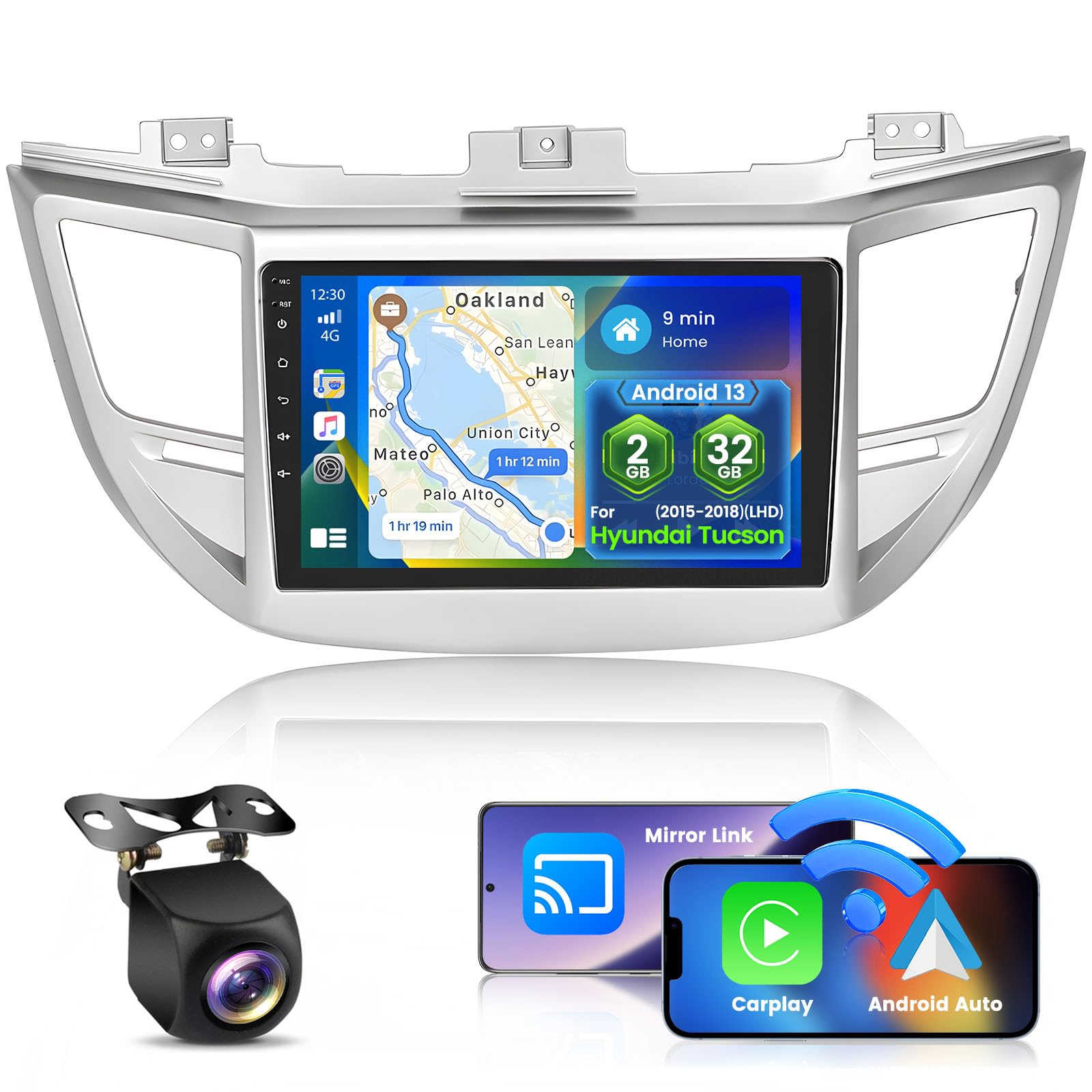 Roinvou 2+32G Android CarPlay Stereo for 2015-2018 Hyundai Tucson, 9 ...