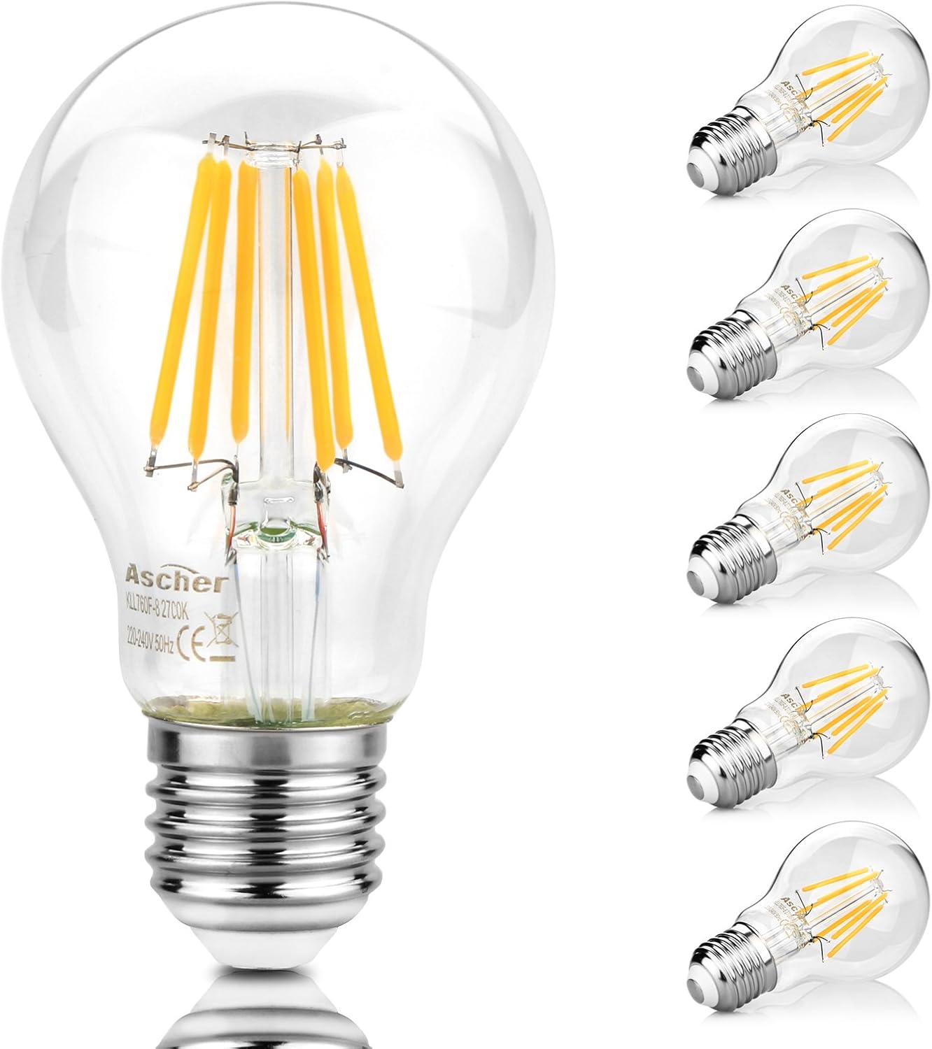 Ascher 5X E27 8W Bombilla Filamento LED, 1000 Lumen, Equivalente 75W ...