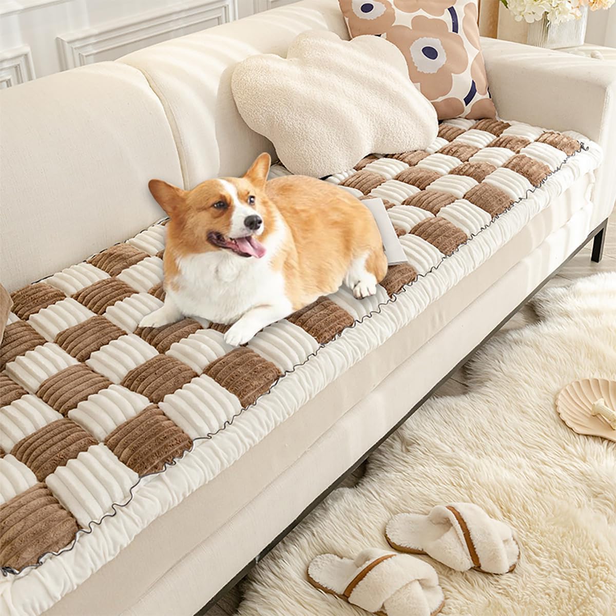 Triflice Fluffy Plaid Couch Cover For Pets Large Cream Coloured Fuzzy Triflice Fluffy Plaid Couch Cover For Pets Large Cream Coloured Fuzzy