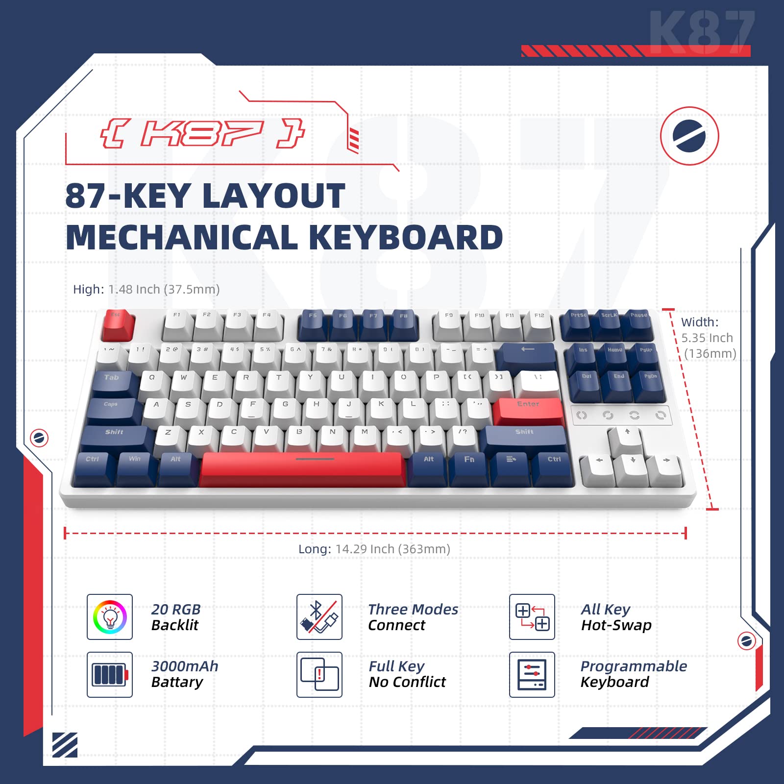 Mua ZIYOU LANG Wireless Gaming Mechanical Keyboard，RGB Backlit 87 Keys ...