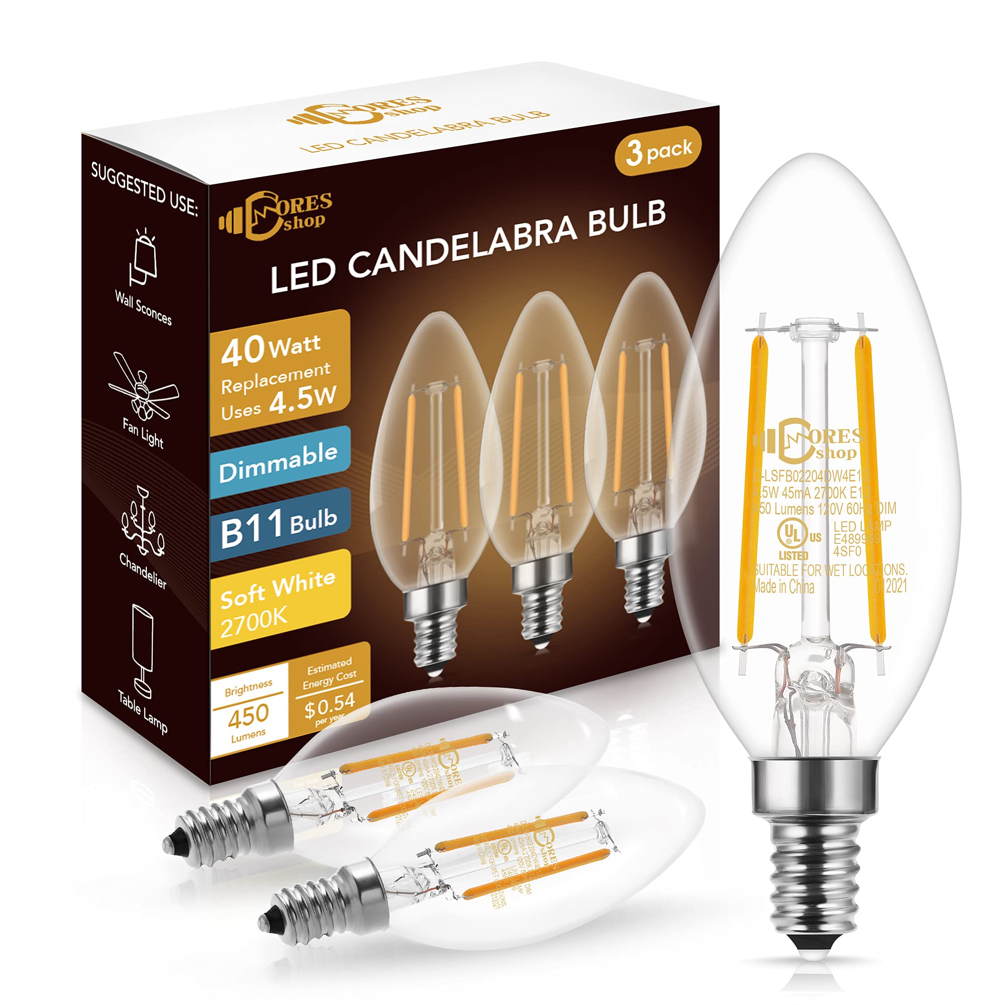 Mua Dimmable E12 Candelabra LED Bulbs 40 Watt Equivalent, 2700K Warm White, 4.5W Clear Filament ...