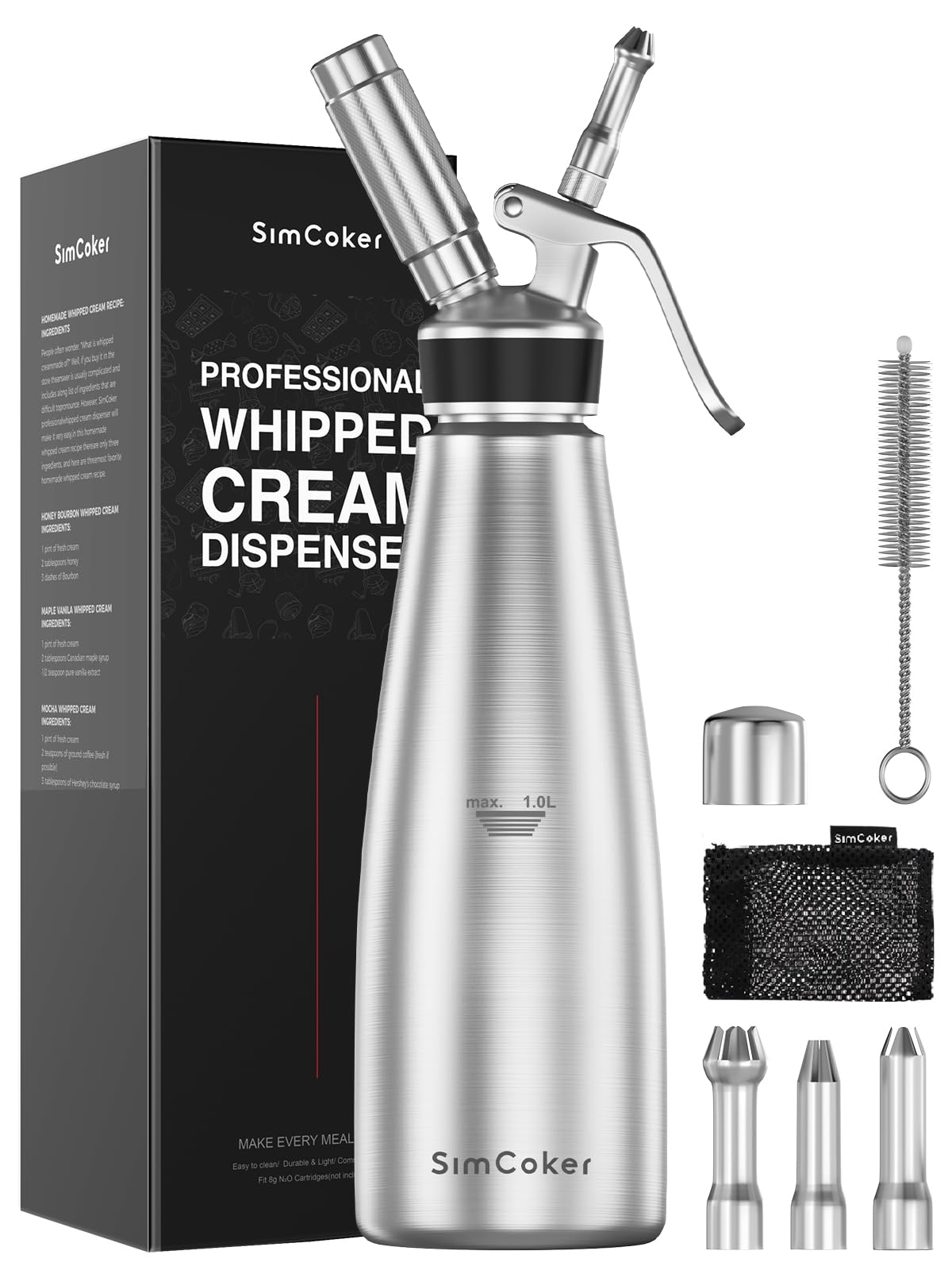 SimCoker Professional Whipped Cream Dispenser,1L Stainless Steel Cream ...