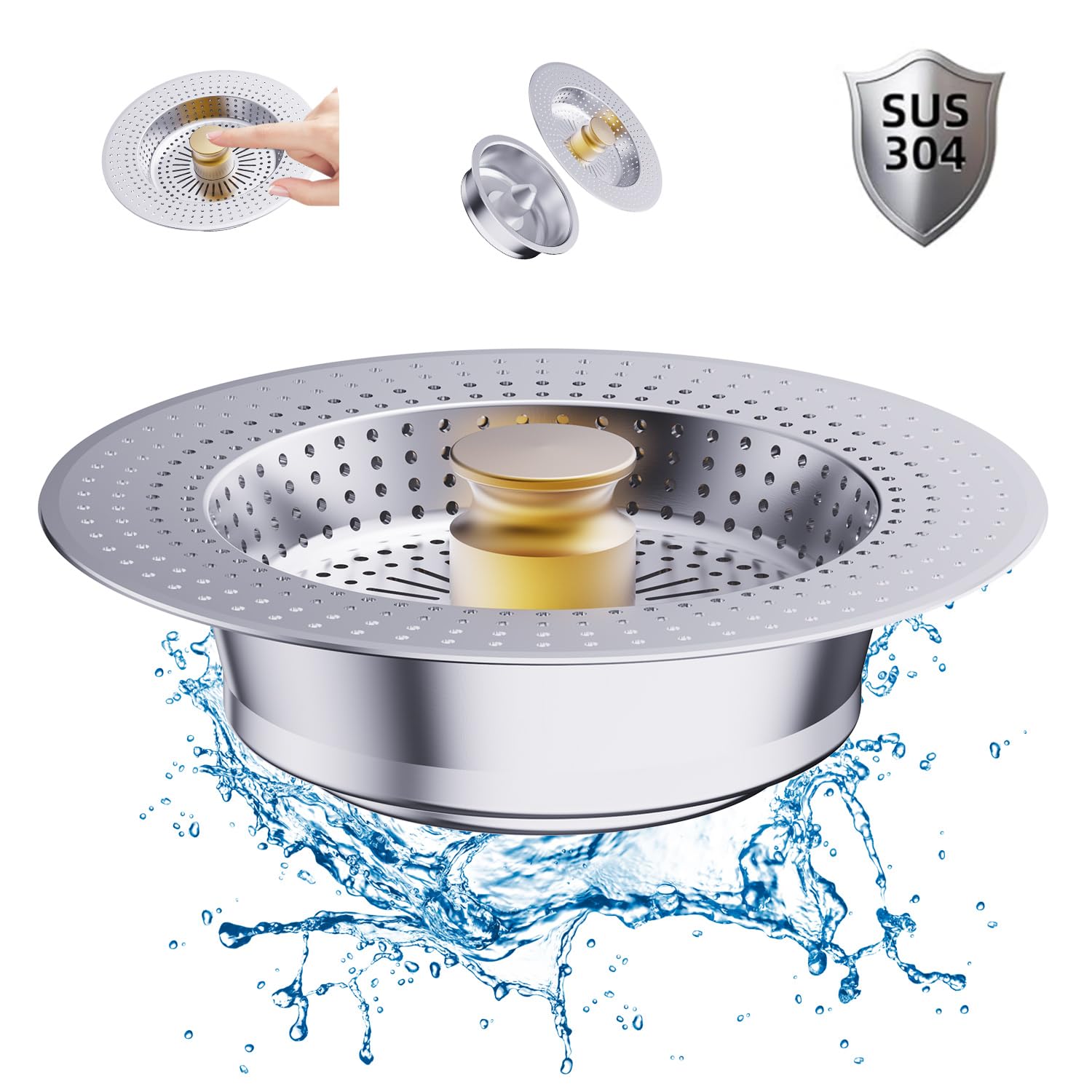 Kitchen Sink Drain Strainer and Stopper Combo, 3 in 1 Stainless Steel ...