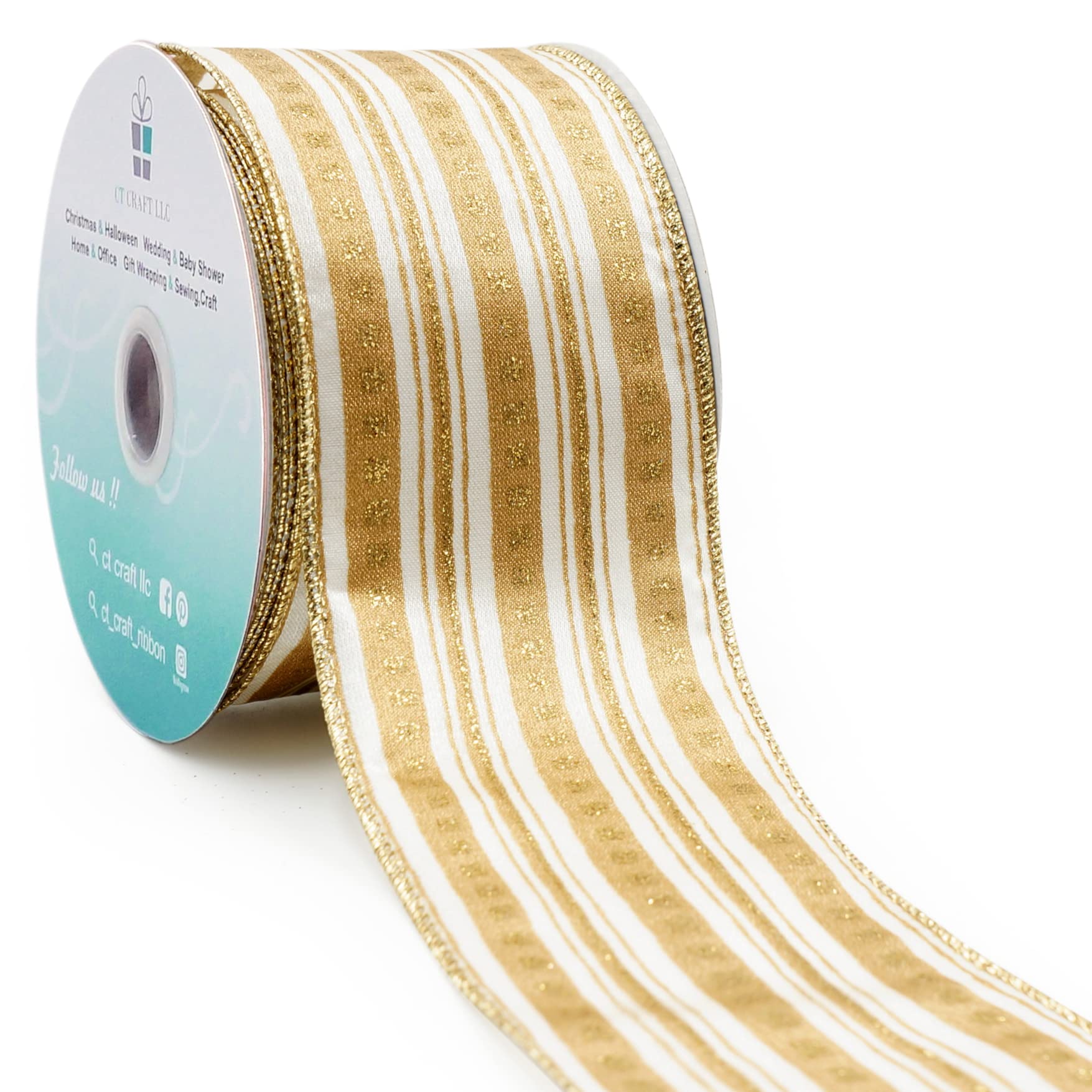 CT CRAFT LLC White Satin Gold Stripe Wired Ribbon 2.5 Inch x 10 Yards ...