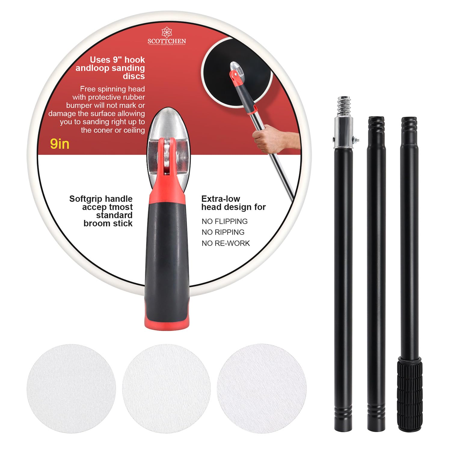 SCOTTCHEN Drywall Pole Sander,9 Inch Radial Round Pole Sander with ...