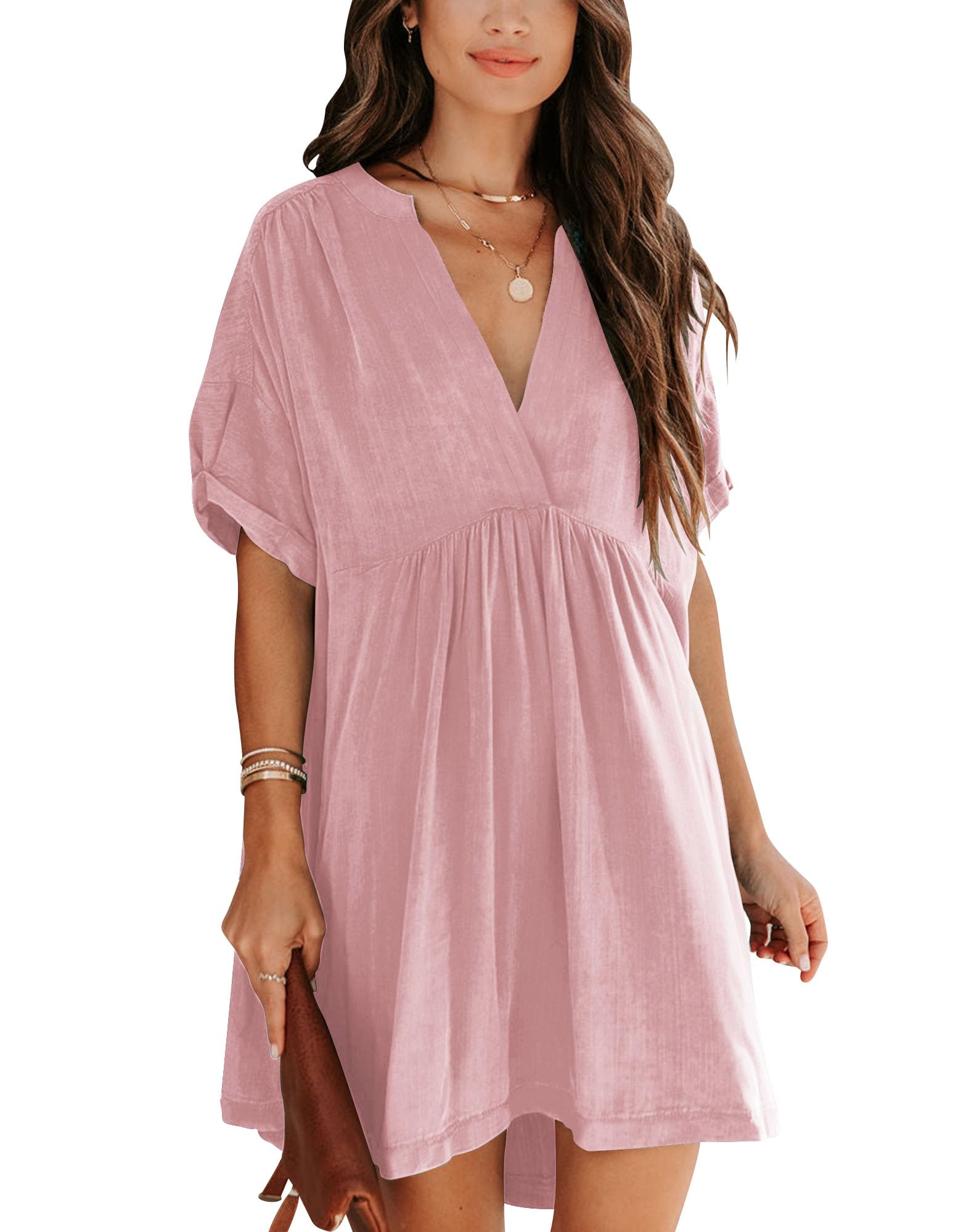 Minclouse Women's Babydoll Short Sleeve Tunic Dress V Neck Cute Casual ...