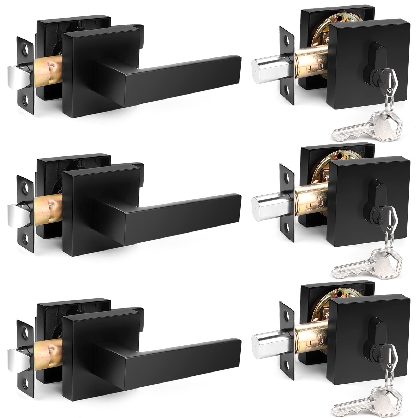 Probrico Flat Black Passage Door Lever with Single Cylinder Deadbolts ...