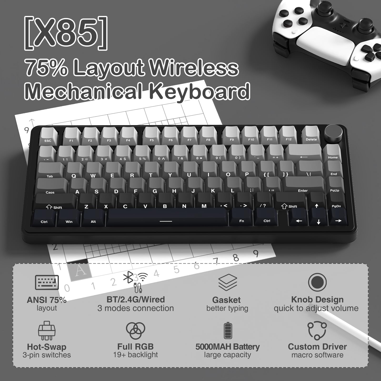 Mua ATTACK SHARK X85 Wireless Gaming Keyboard with Knob Hot Swappable 75% Mechanical Keyboard ...