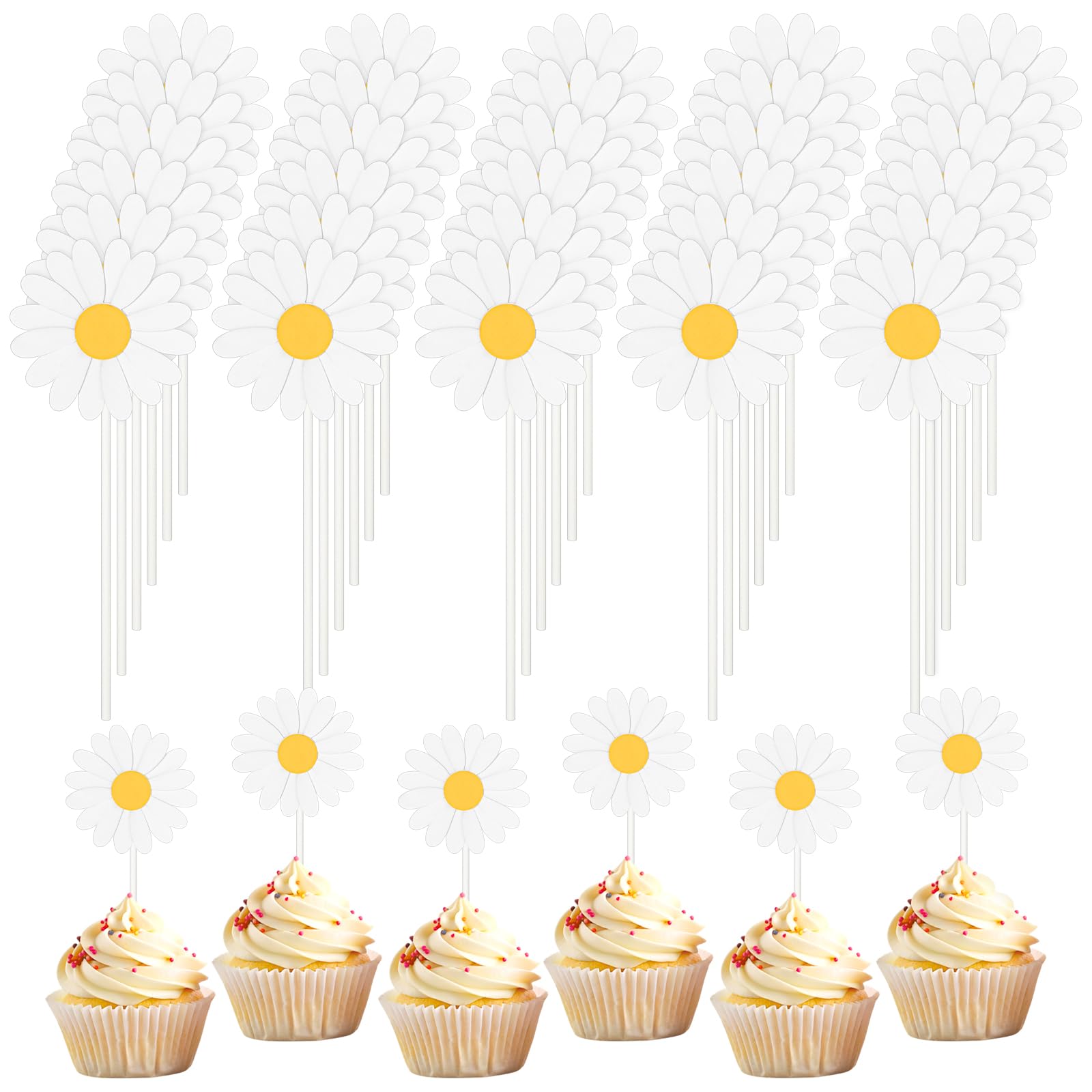 Daisy Cupcake Toppers Flower Toothpicks 12 * 4.7cm/4.7 * 1.8inch, White ...