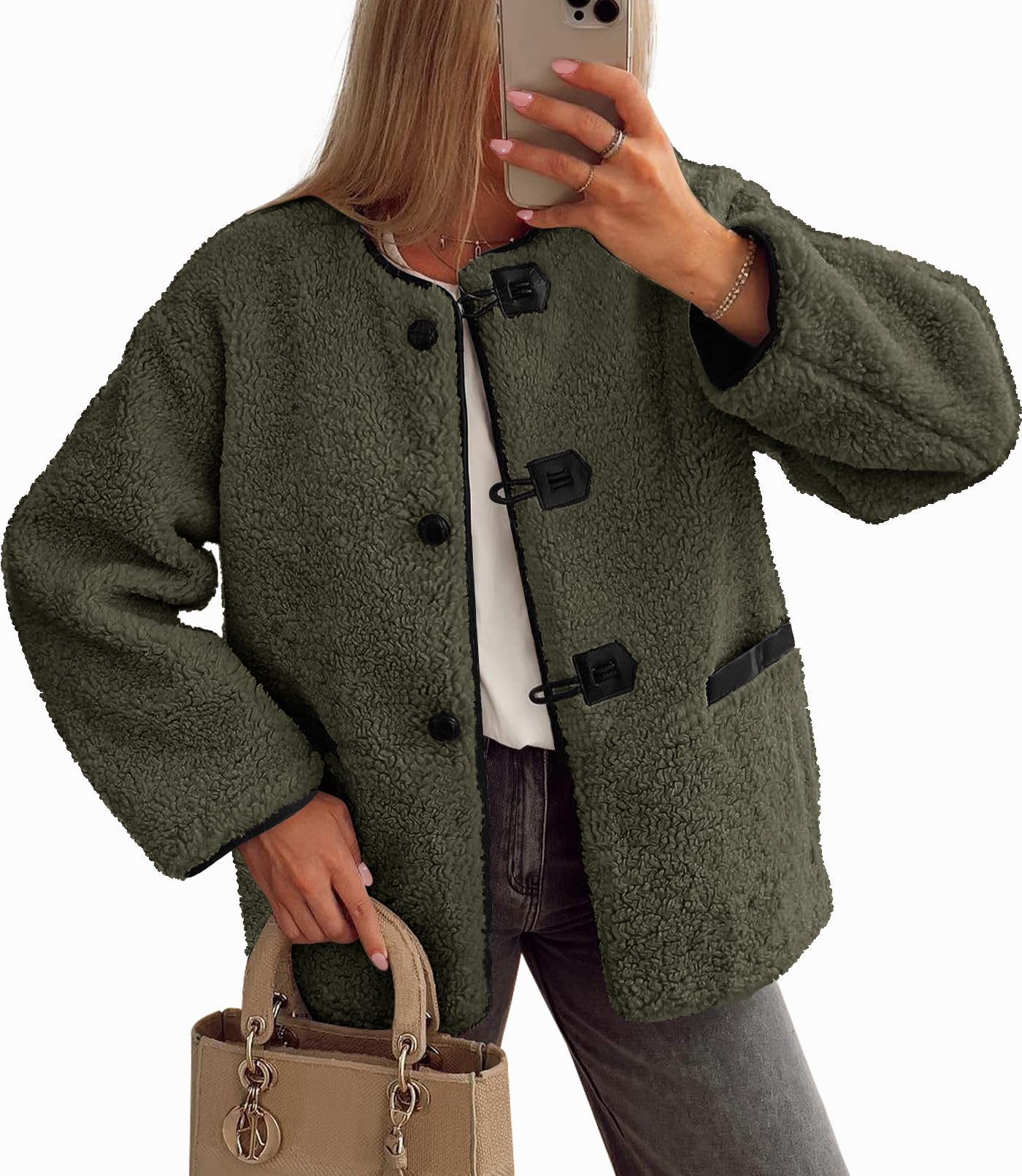 MEROKEETY Women's Sherpa Fleece Jacket Long Sleeve Faux Fuzzy Button Warm Winter Coat Outwear ...