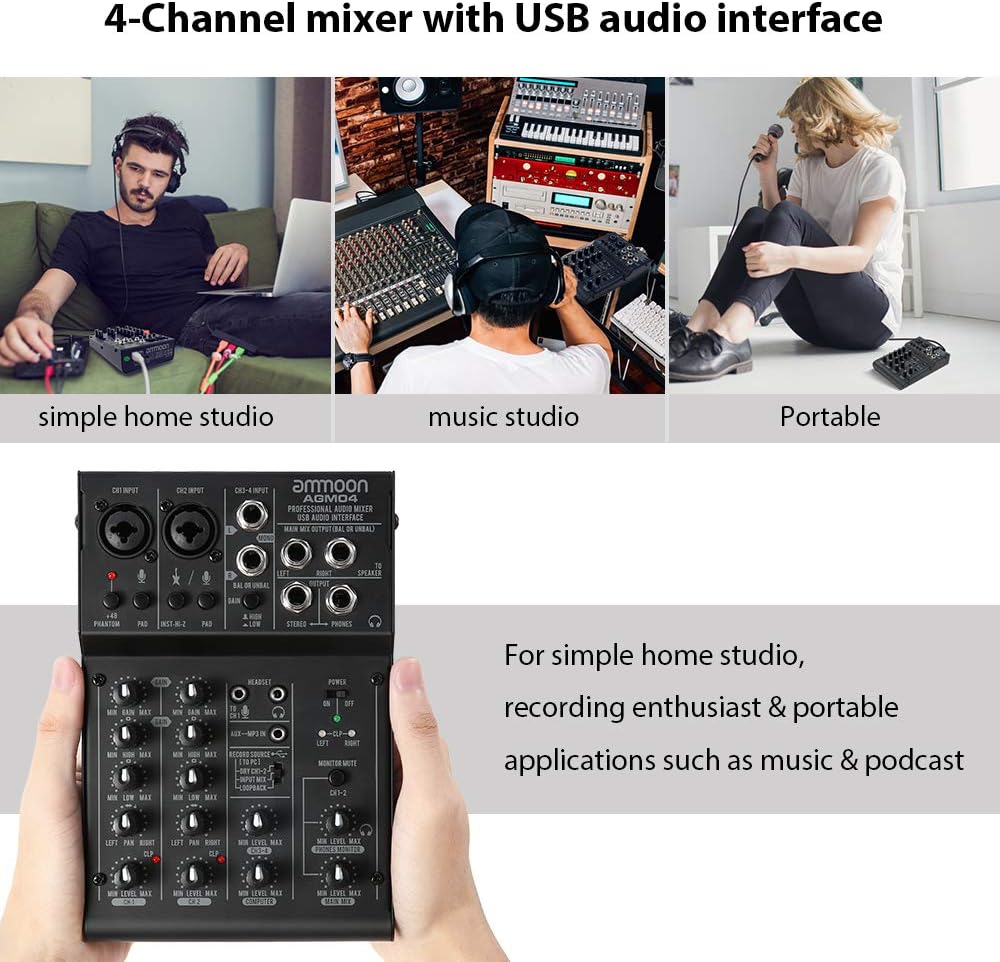 ammoon Mixing Console 4-Channel Mini Mixing Console Digital Audio Mixer ...
