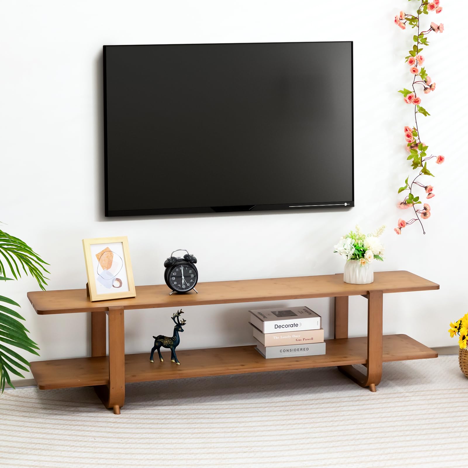 HollyHOME Bamboo TV Stand with Storage for TVs up to 65'', Modern ...