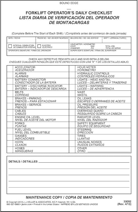 Amazon.com : Forklift Operator Daily Checklist 25-pk. - Bilingual, Book ...