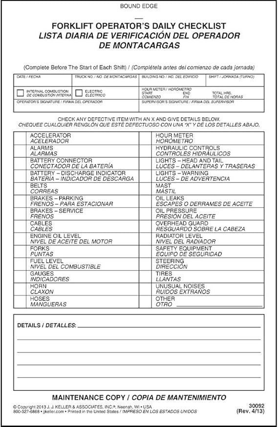 Amazon.com : Forklift Operator Daily Checklist 25-pk. - Bilingual, Book ...