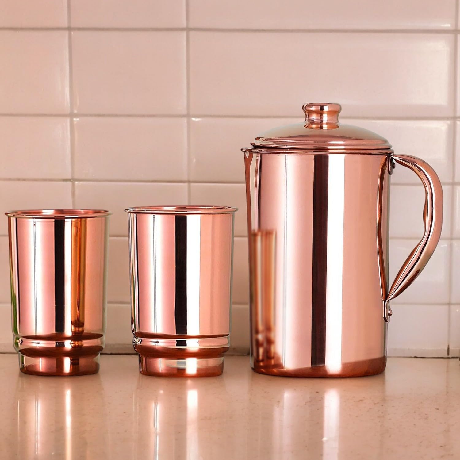 HEALTHANDWEALTH Pure Copper Water Jug with 2 Tumblers Set | 1.5 Lt (50. ...